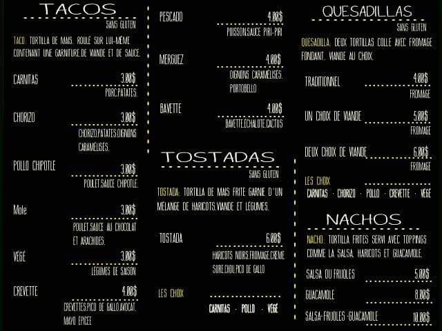 Menu au Calaveras restaurant, Montréal, Rue Beaubien E