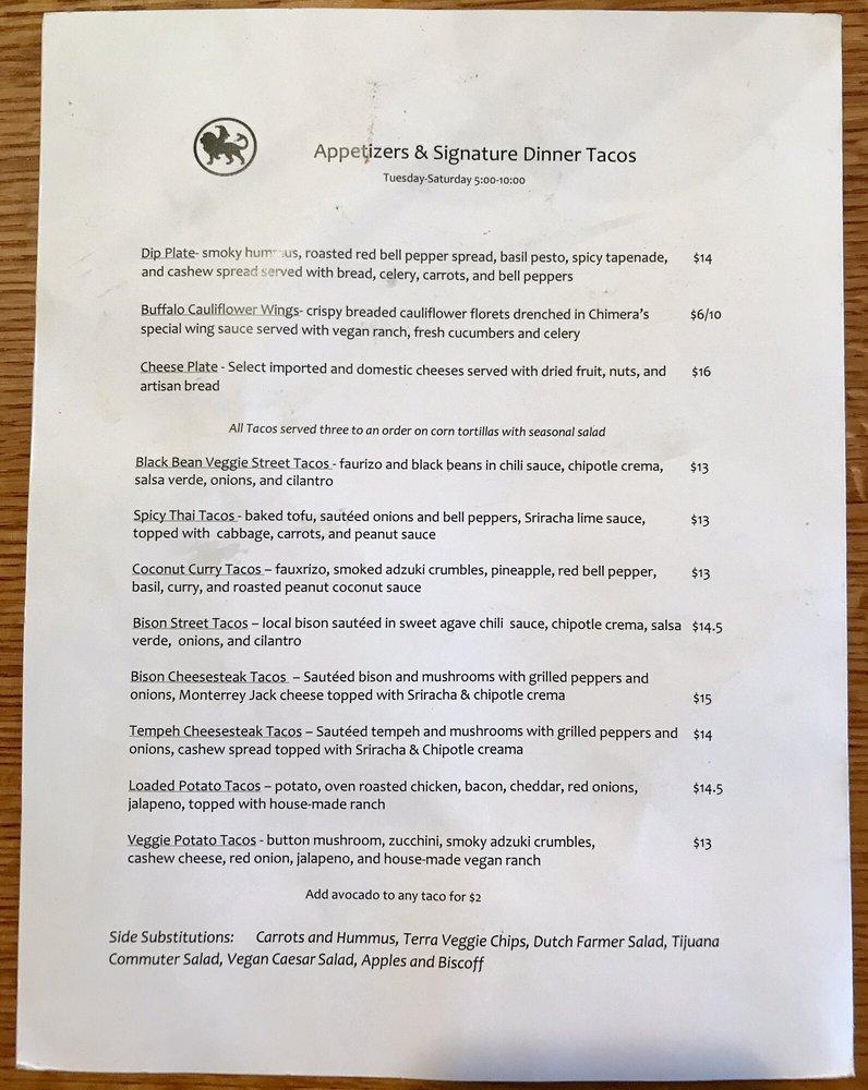 Menu at Chimera Cafe, Tulsa