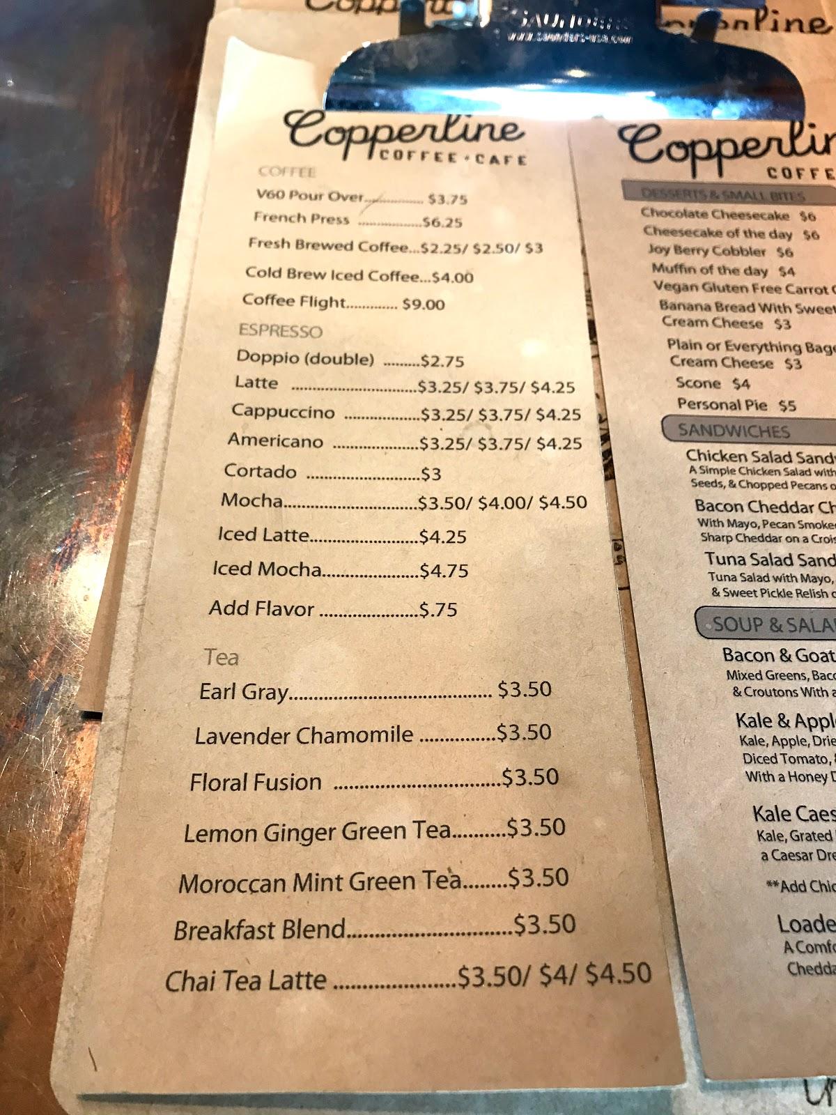 Menu at Copperline Coffee restaurant, Daytona Beach