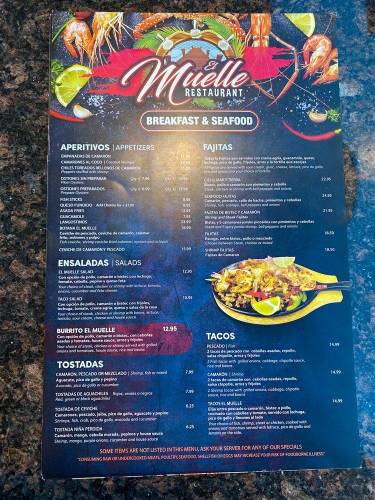 Menu at El Muelle restaurant, Aurora