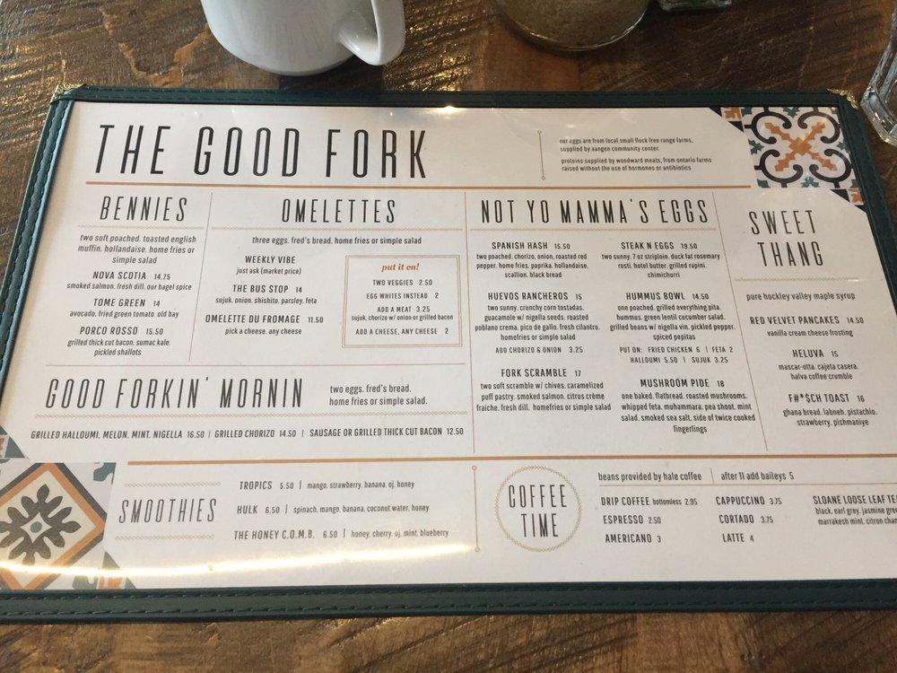 Menu at Good Fork restaurant, Toronto