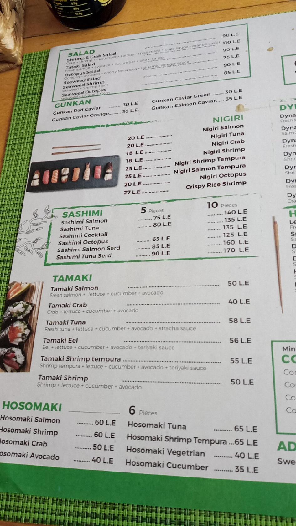 Menu at Seaweed sushi bar, Dahab