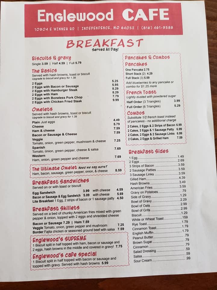 Menu at Englewood Cafe, Independence