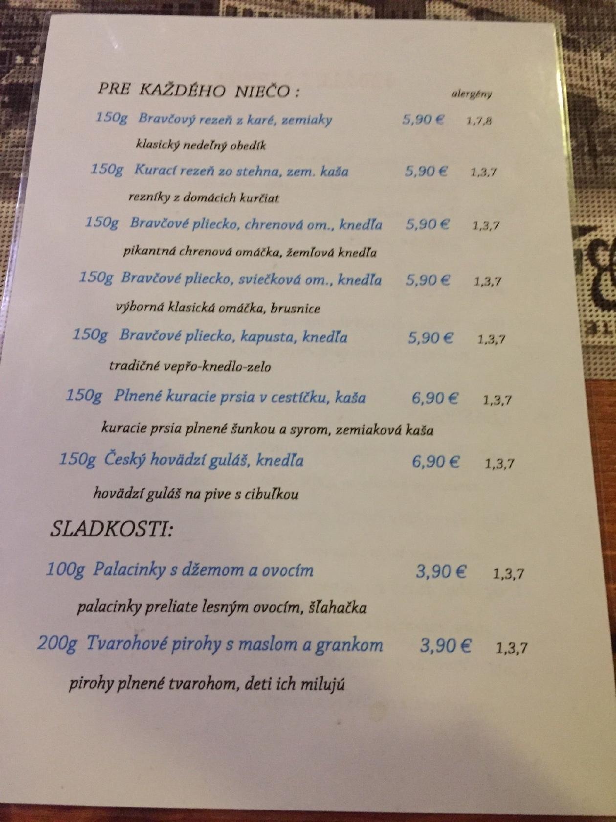 Menu at Funus pub & bar, Bratislava