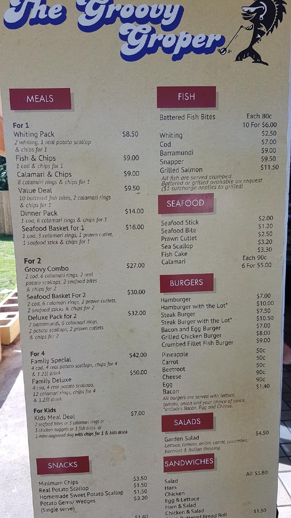 Menu at Groovy Groper fast food, Clontarf