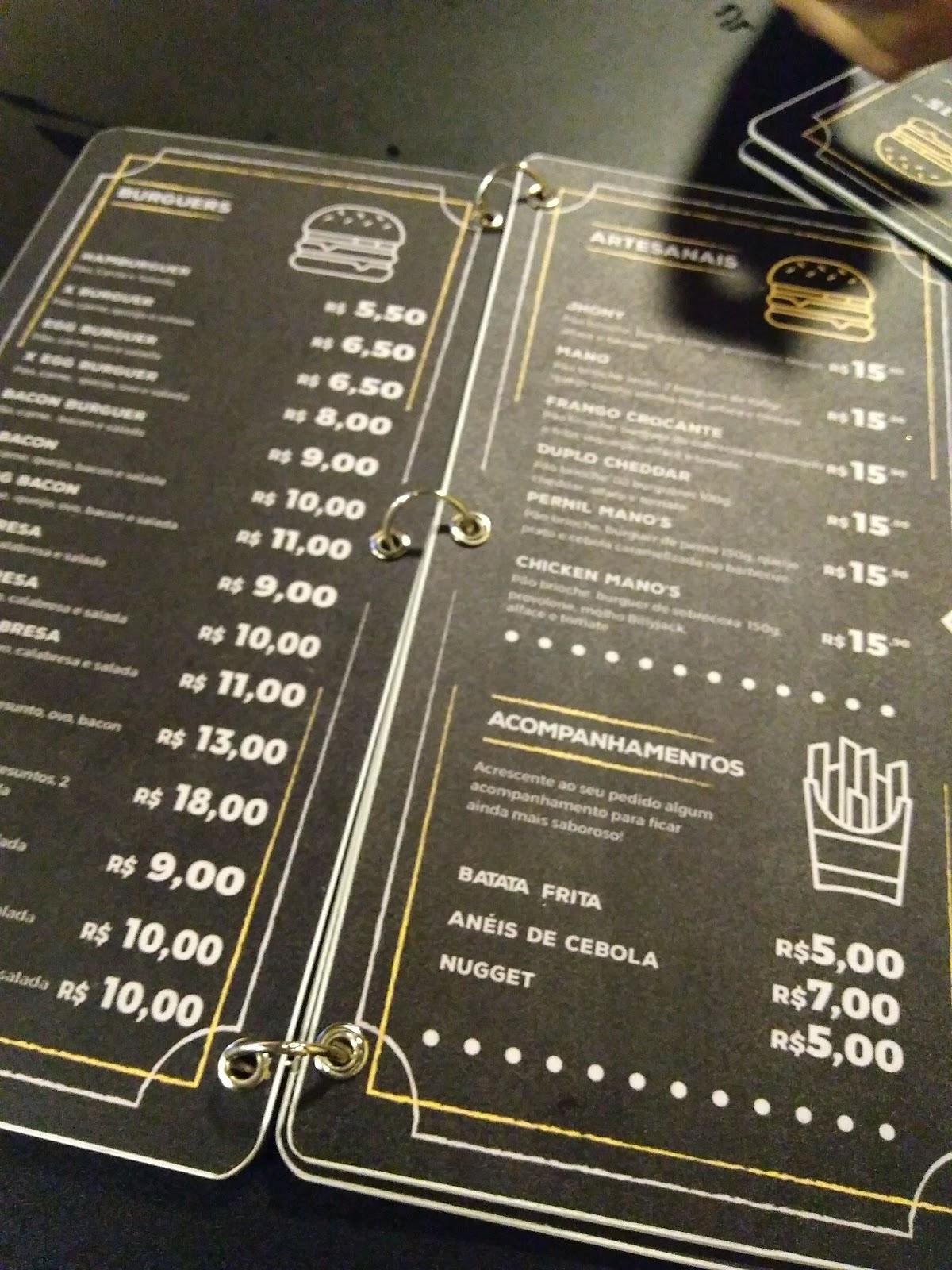 Menu at Hamburgueria Mano's restaurant, Petrópolis