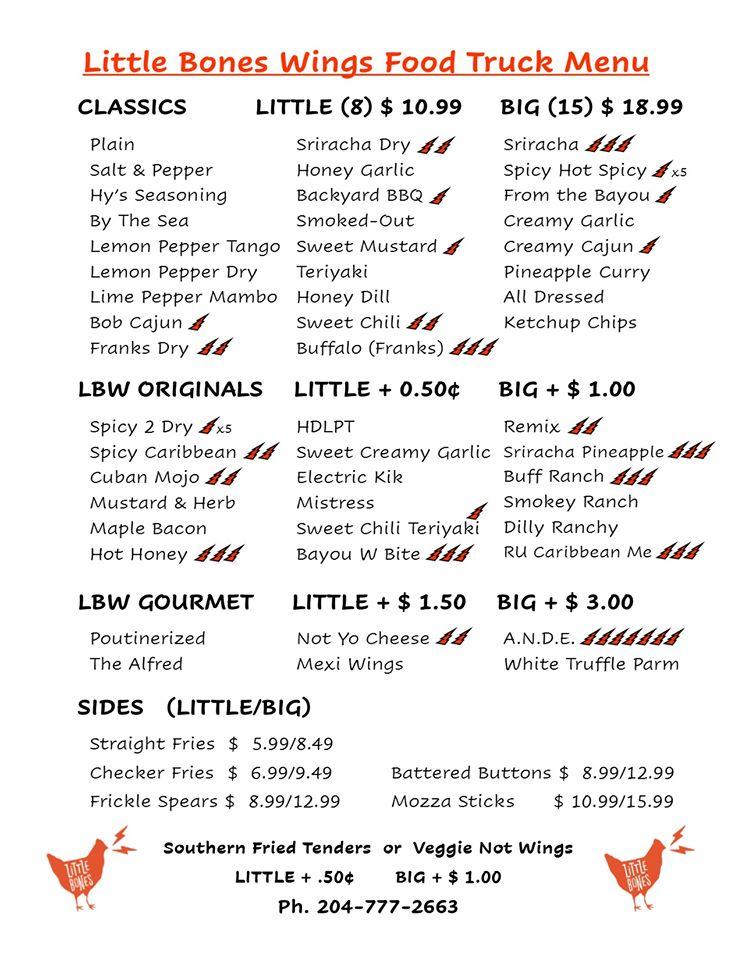 Menu at Little Bones Wings restaurant, Winnipeg
