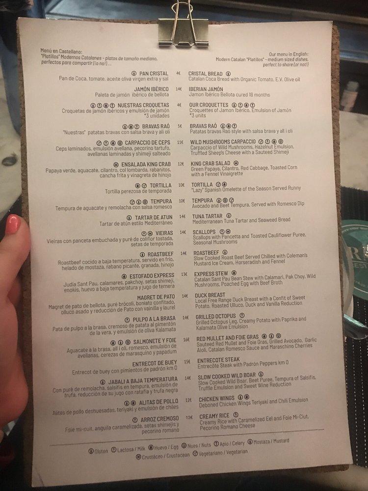 Menu at RAO Restaurant, Barcelona