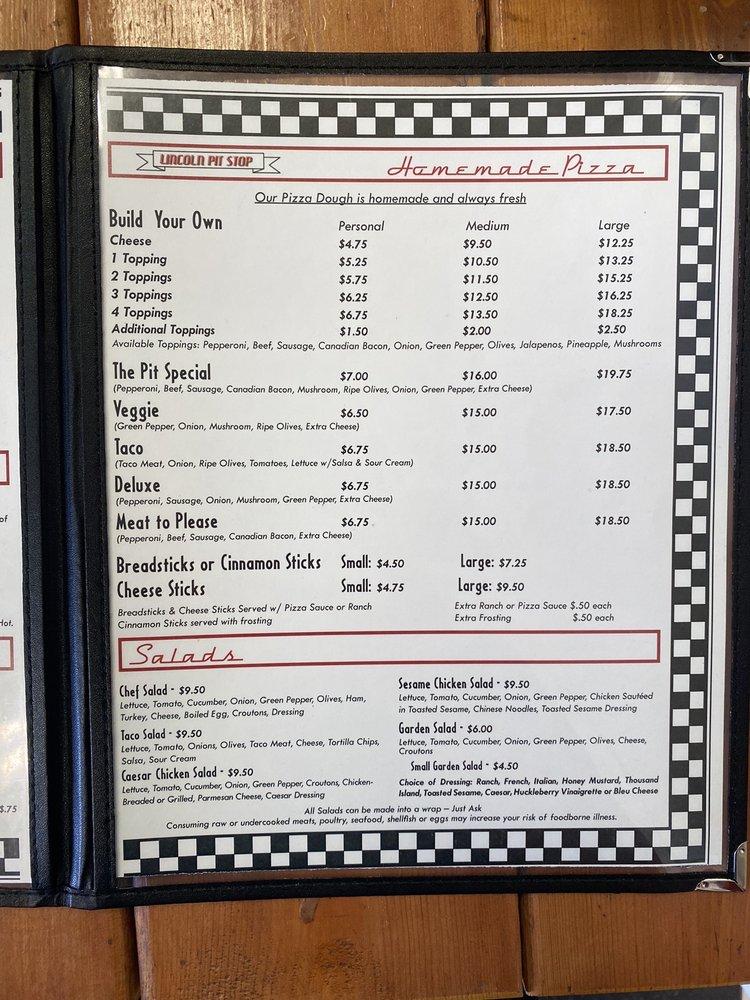 Menu at The Lincoln Pit Stop pizzeria, Lincoln