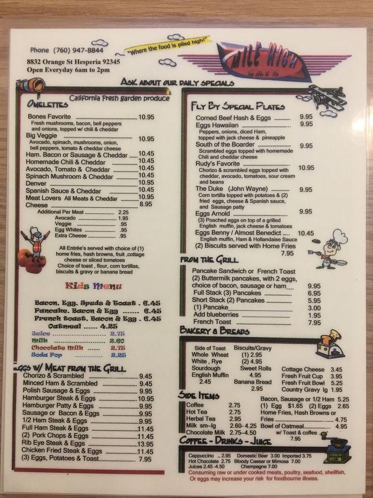 Menu at Mile High Cafe, Hesperia, Orange St