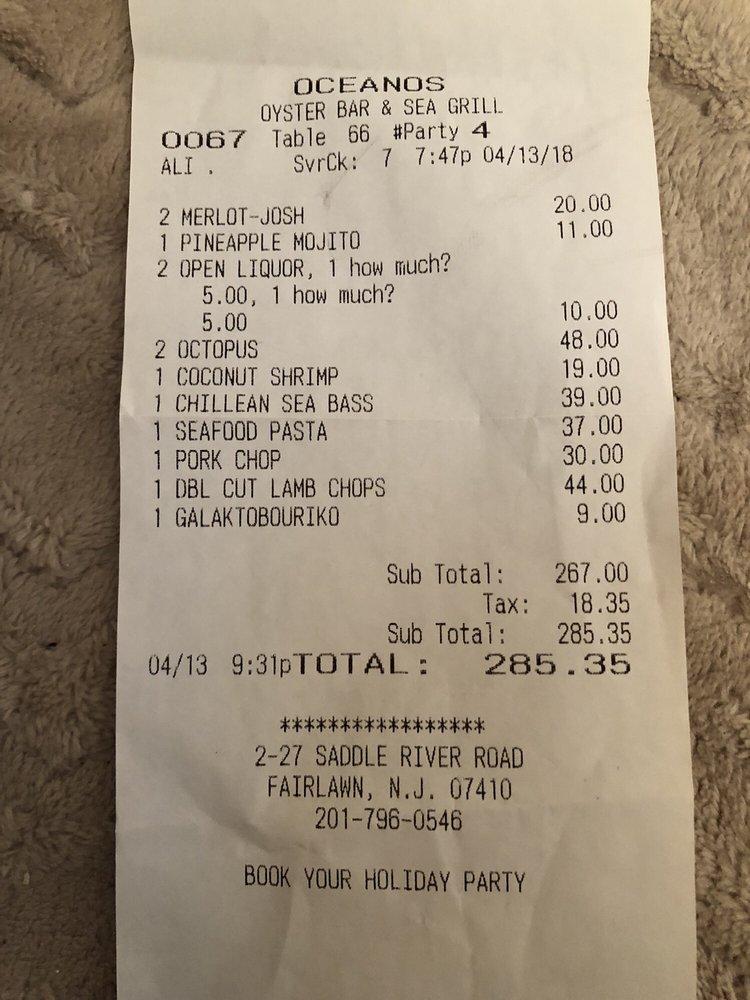 Menu at Oceanos Oyster Bar & Sea Grill, Fair Lawn