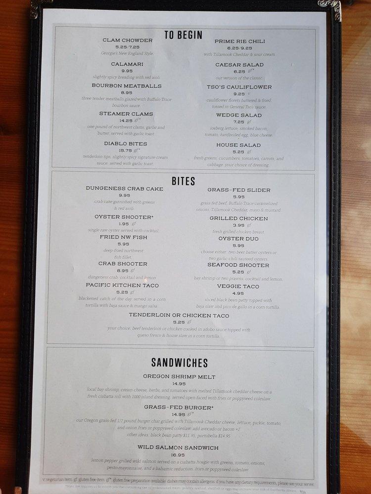 Menu at Pacific Kitchen at Nye Beach pub & bar, Newport