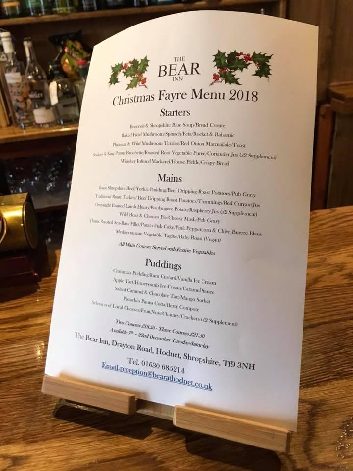 Menu at The Bear Inn Hodnet restaurant, Hodnet