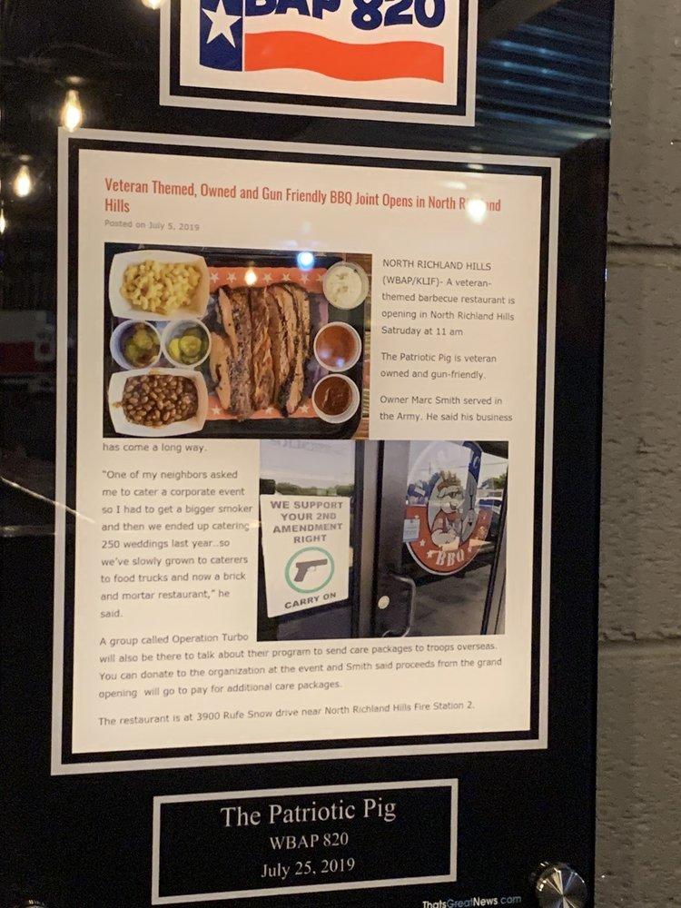 Menu at The Patriotic Pig BBQ, North Richland Hills, Rufe Snow Dr