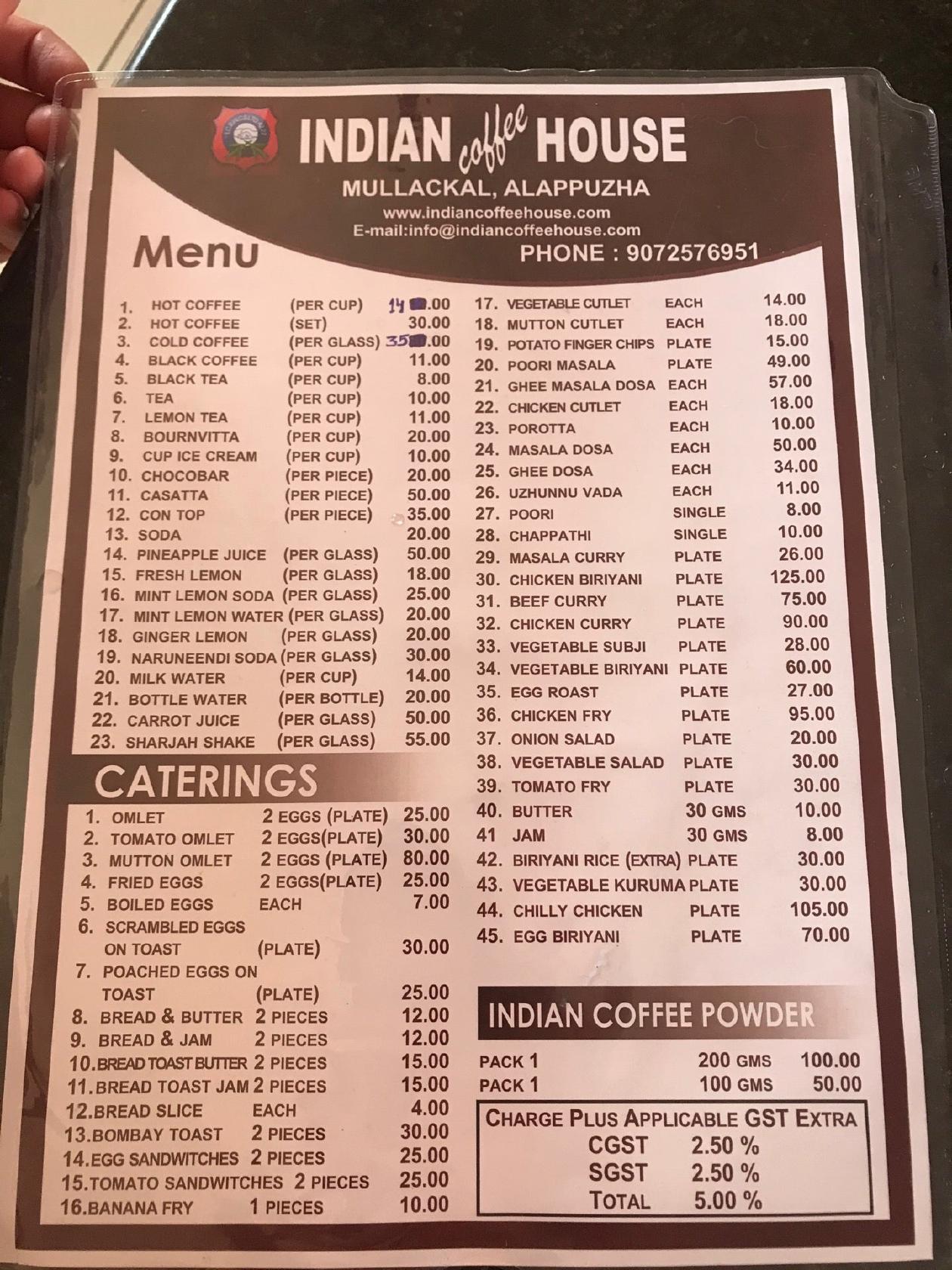 Menu at Indian Coffee House, Alappuzha, 1st floor