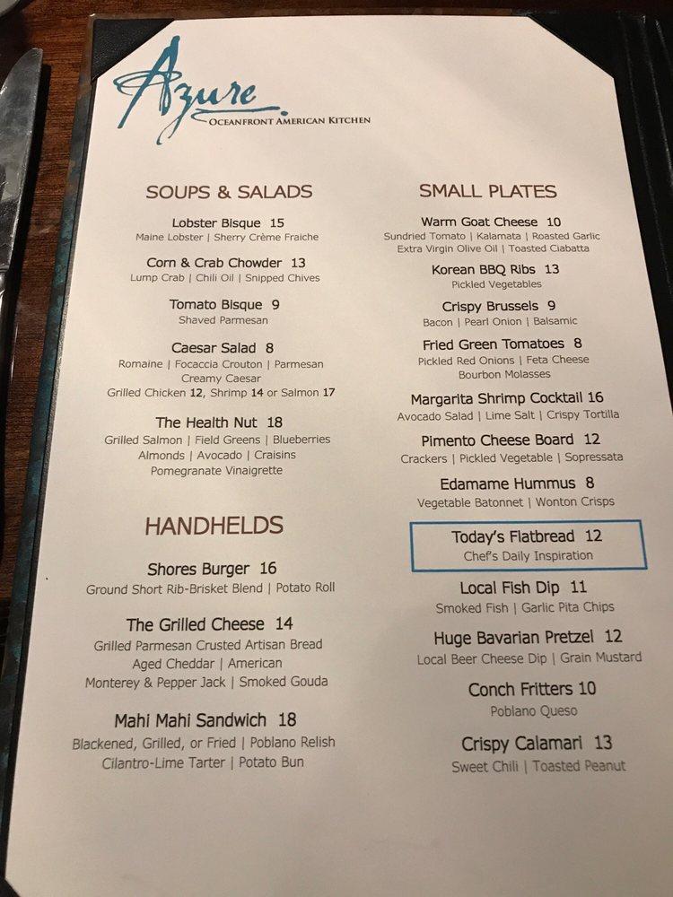 Menu at Azure restaurant, Daytona Beach Shores, S Atlantic Ave