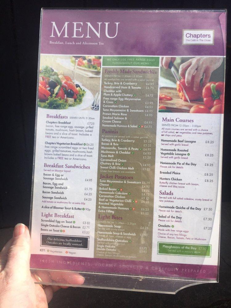 Menu at Chapters, The Cafe In The Close, Lichfield