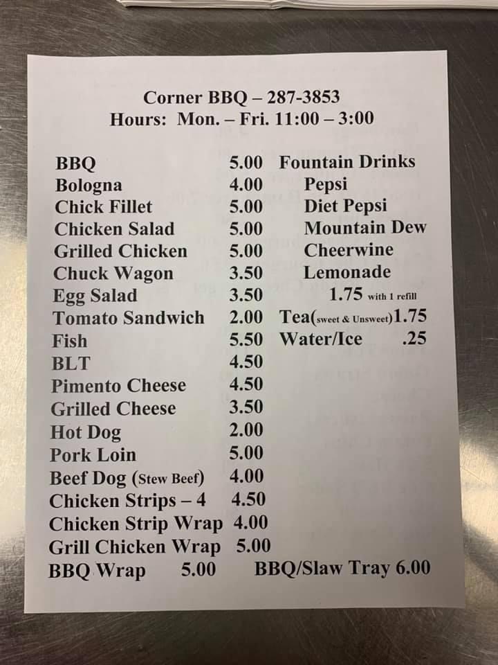 Menu at Corner BBQ aka Tommy's, Rutherfordton