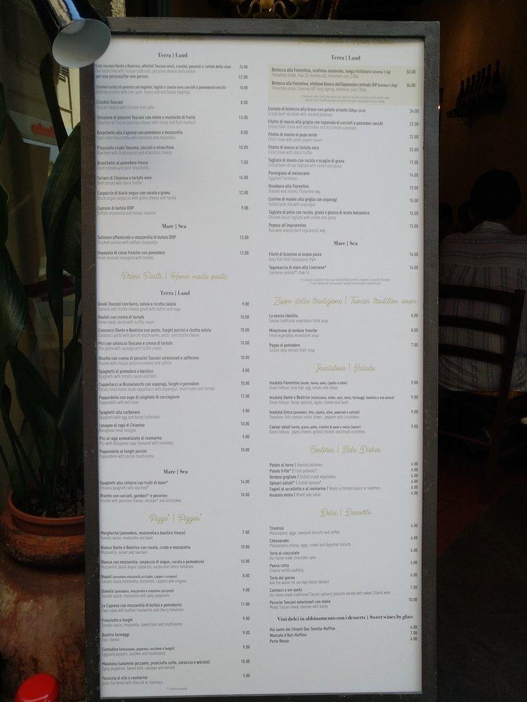 Menu at Ristorante Dante e Beatrice, Florence