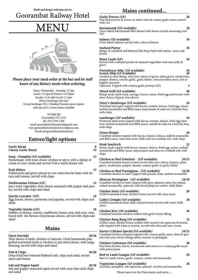 Menu at Goorambat Railway Hotel pub & bar, Goorambat