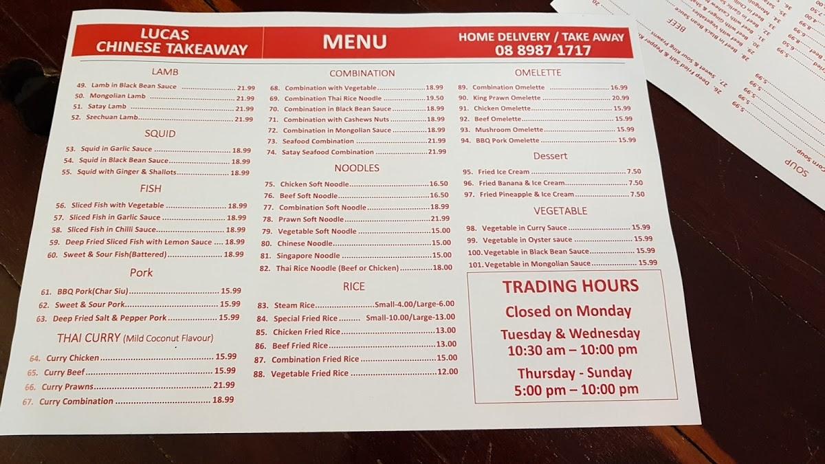 Menu at Lucas's Chinese Takeaway restaurant, Tennant Creek