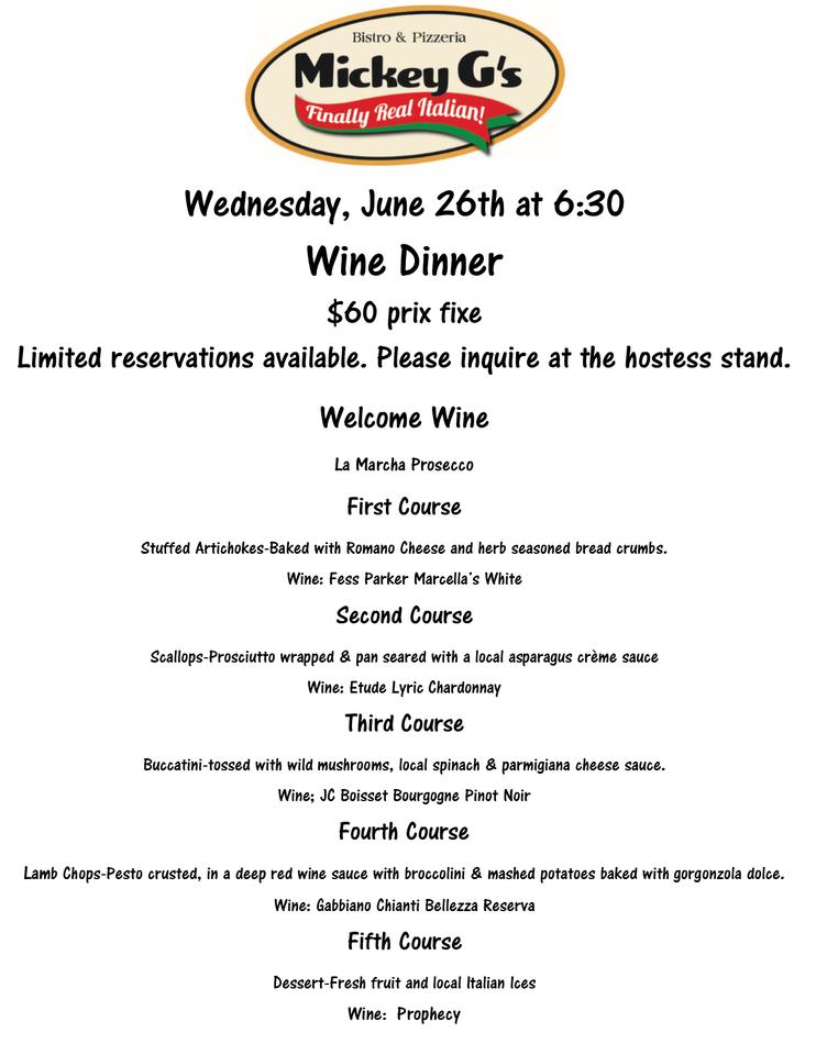Menu at Mickey G's Bistro restaurant, Floyd