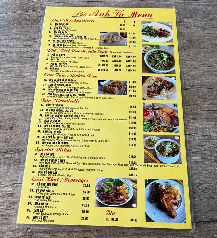 Menu at Pho Anh Vu restaurant, Toronto, Dufferin St