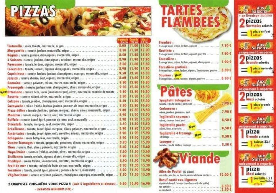 Menu at Pizzeria 4 saisons, Colmar, 65 Route d'Ingersheim