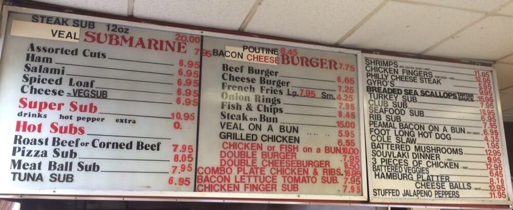 Menu at Admiral Submarine restaurant, Brantford