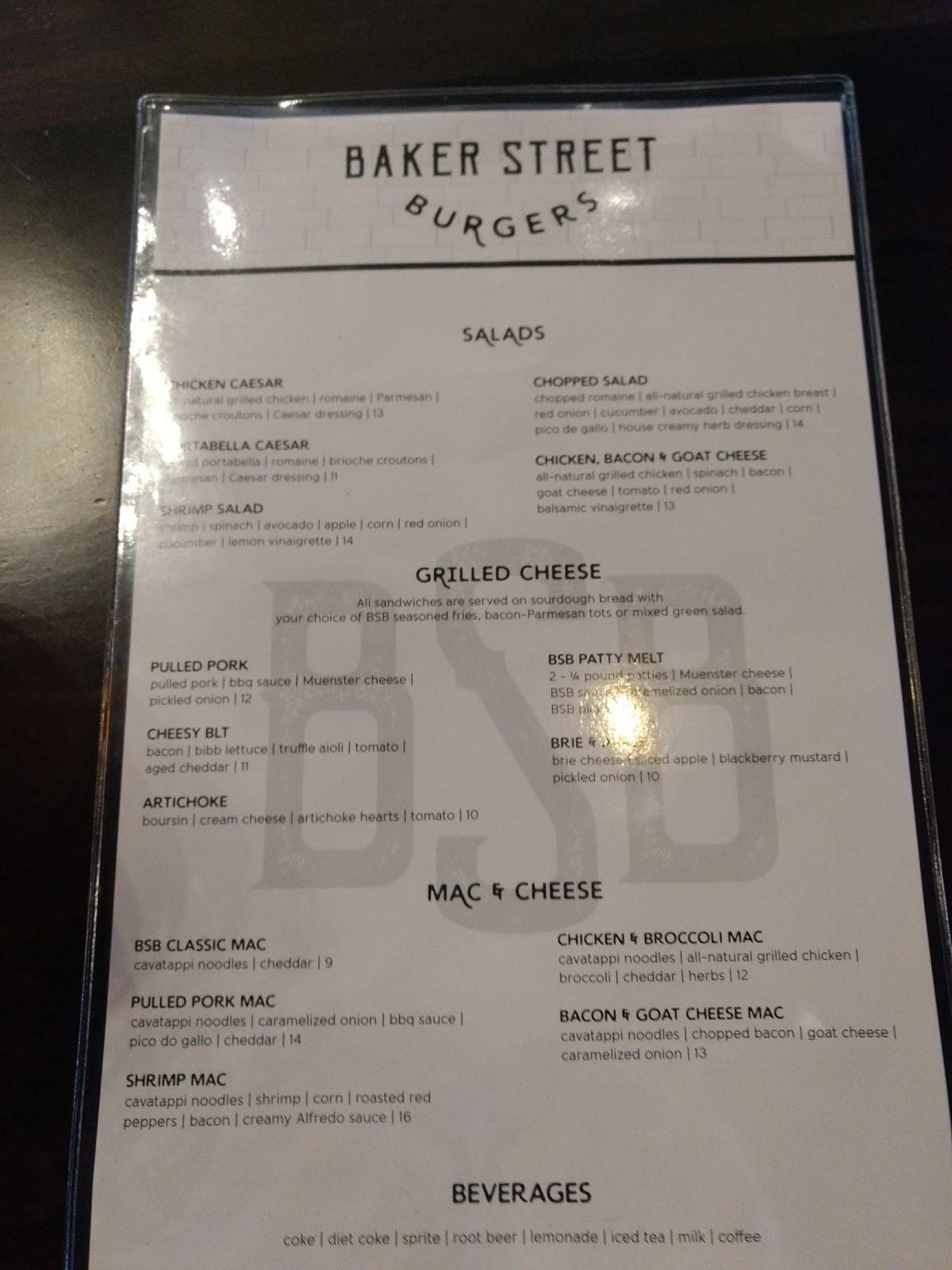 Menu at Baker Street Burgers restaurant, Rockford