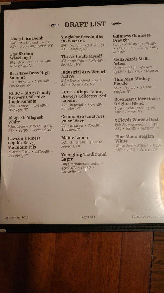Carta del pub y bar Beekman Ale House, Sleepy Hollow