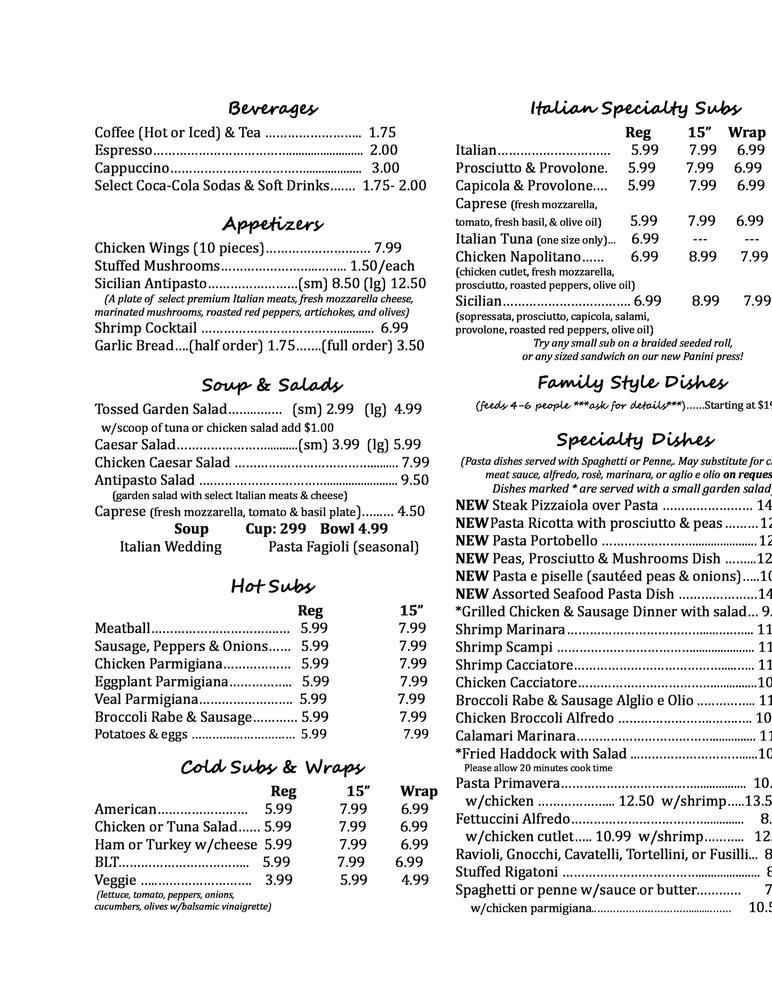 Menu at Café Sicilia restaurant, Tewksbury