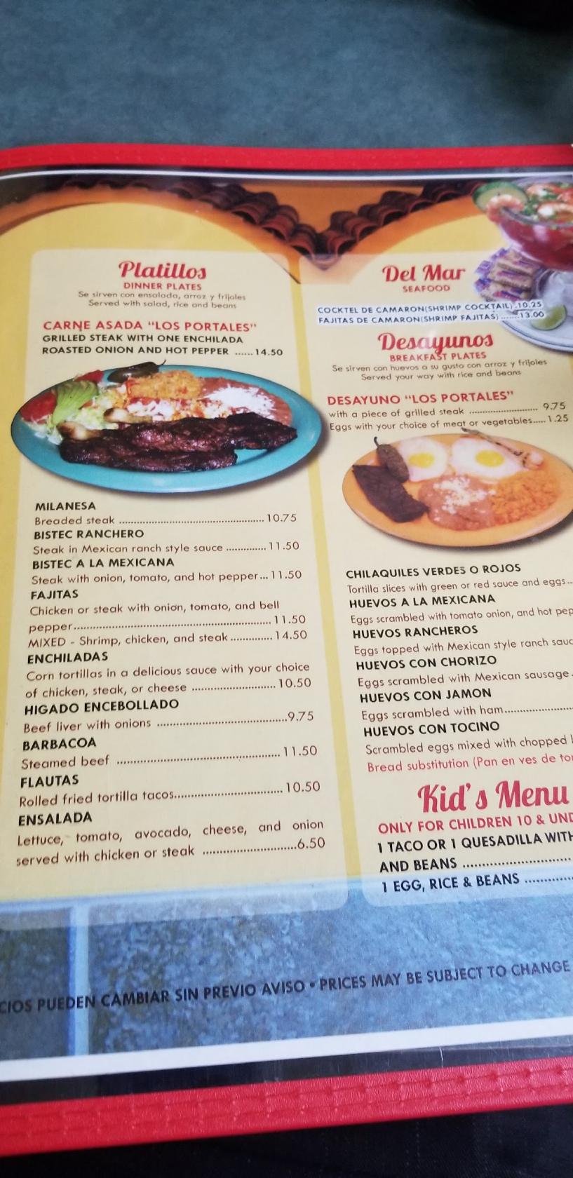 Menu at Los Portales restaurant, Rockford