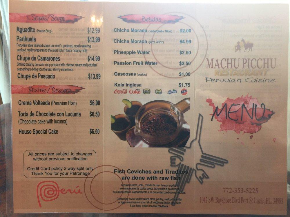 Menu at Machu Picchu Restaurant, Port St. Lucie