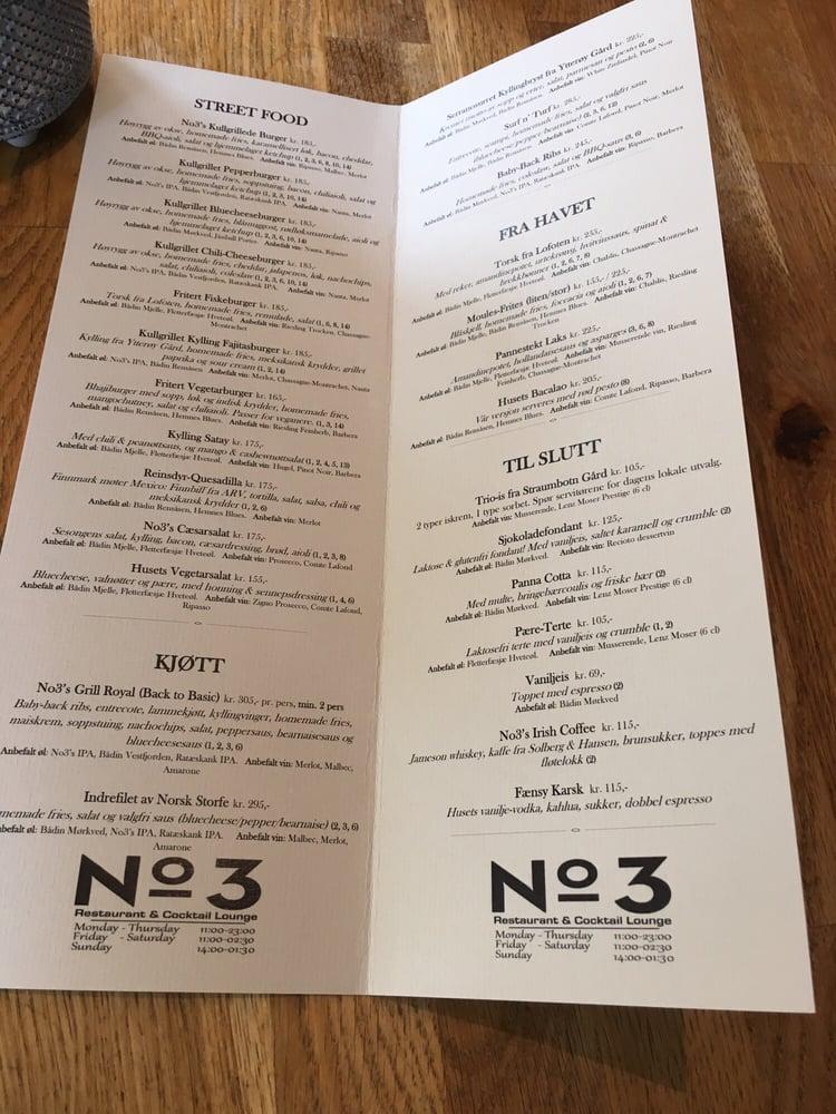 Menu at No3 restaurant, Mo i Rana