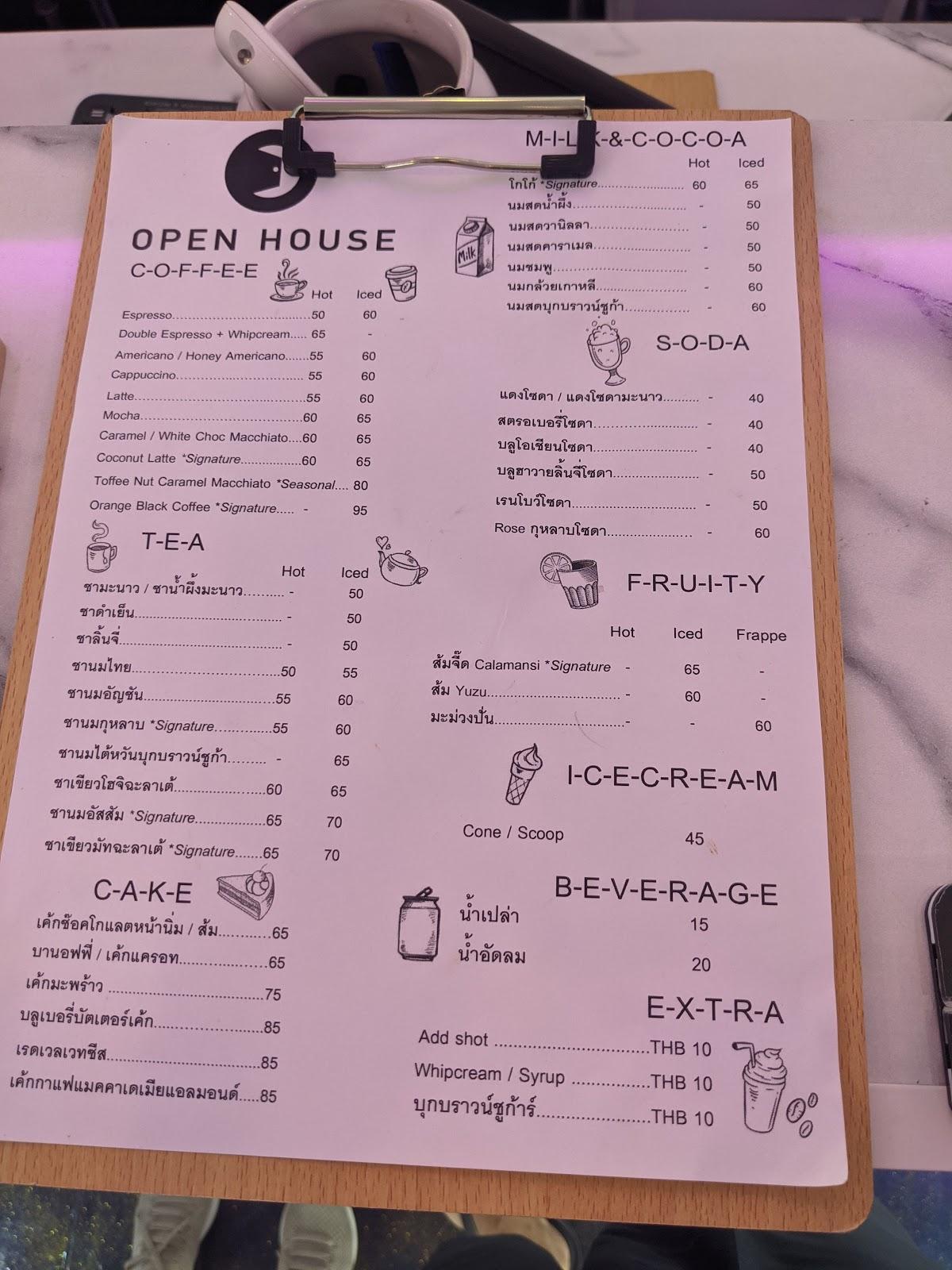 Menu at Openhouse cafe, Bangkok