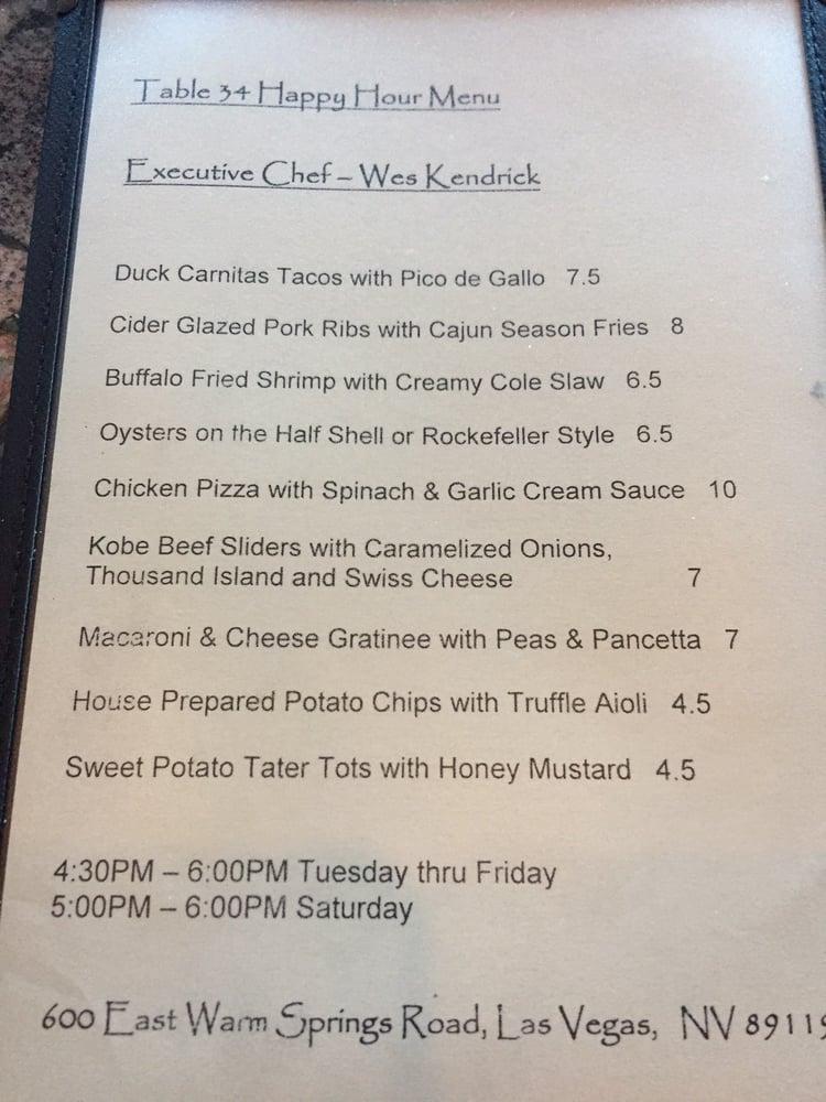 Menu at Table 34 restaurant, Las Vegas