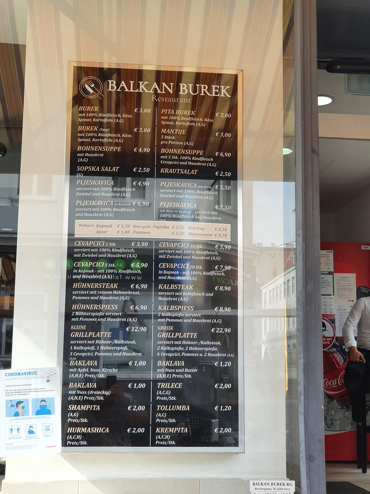 Speisekarte von Balkan Burek cafe, Wien, Buchengasse 74
