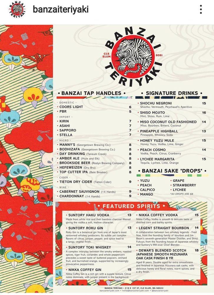 Menu at Banzai Teriyaki restaurant, Cle Elum