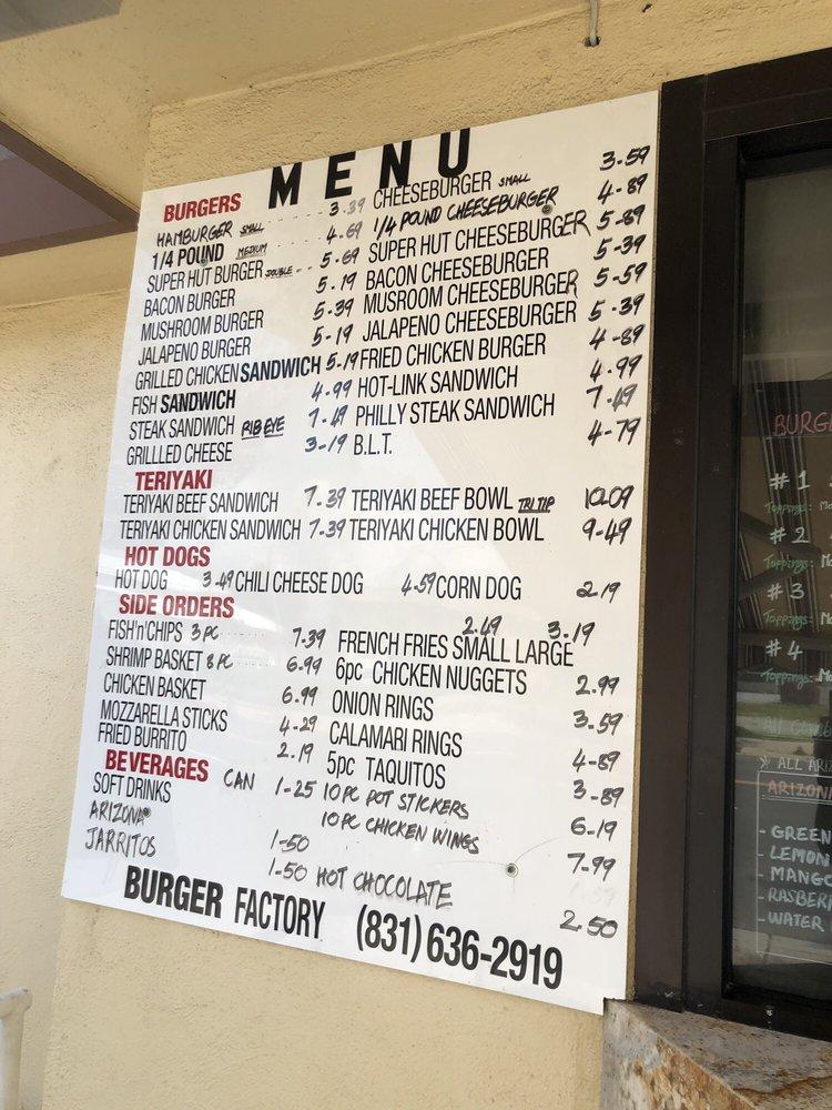 Menu at Burger Factory restaurant, Hollister
