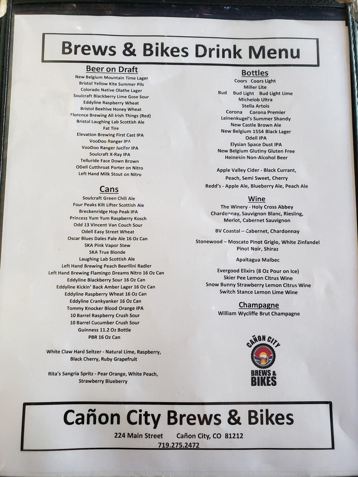 Menu at Cañon City Brews & Bikes pub & bar, Cañon City