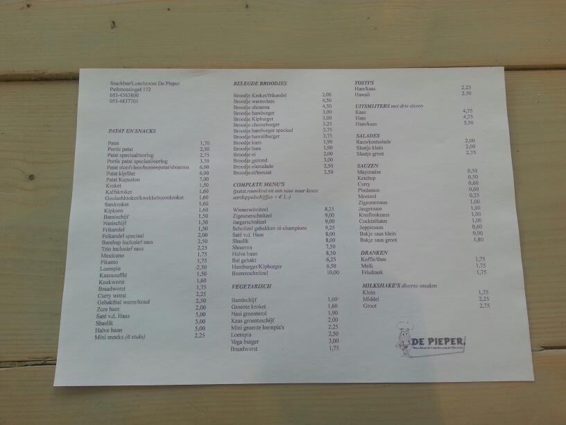 Menu at De Pieper, Enschede, Pathmossingel 172-174