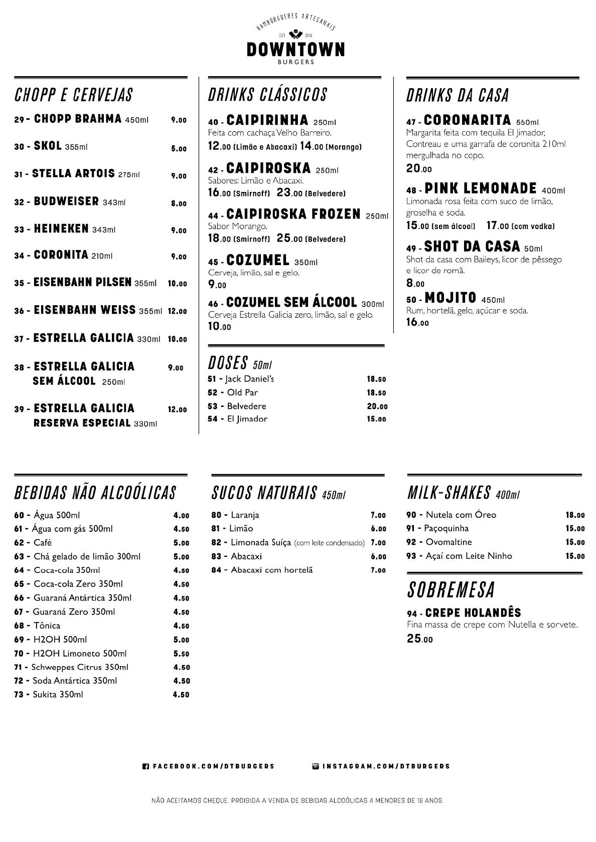Menu at Downtown Burgers restaurant, Palmas