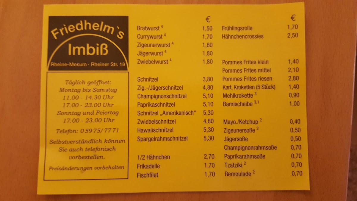 Speisekarte von Friedhelm's Schnellimbiß fast Food, Rheine, Alte ...