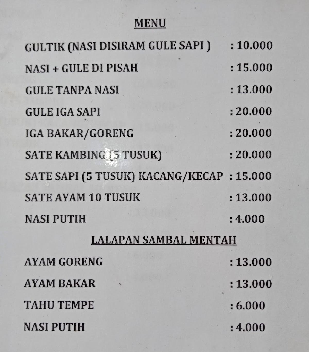 Menu at Gultik Sewu Kuto restaurant, Denpasar