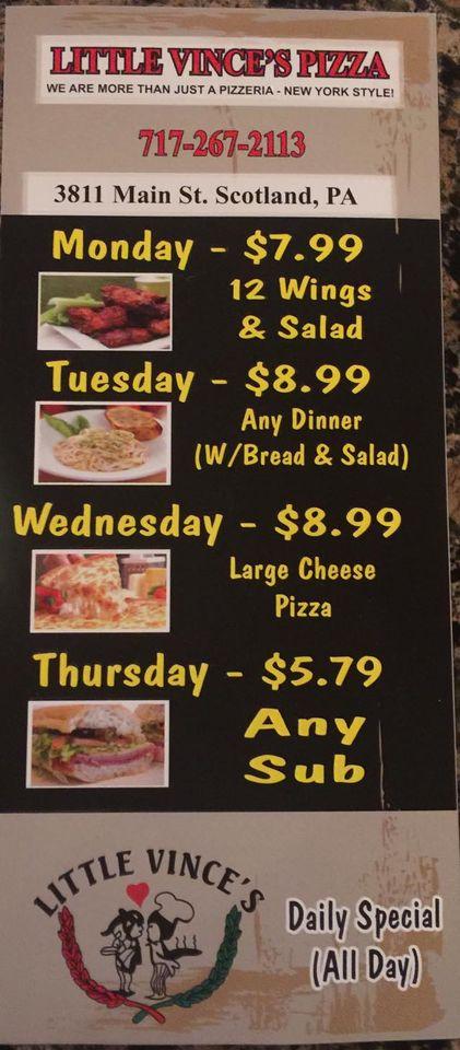 Menu at Little Vince's Pizza pizzeria, Scotland