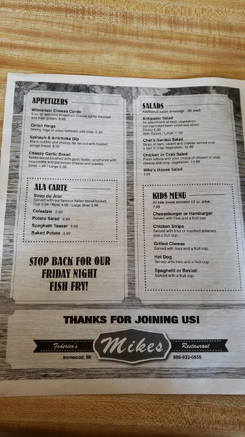 Menu at Mike's Restaurant, Ironwood