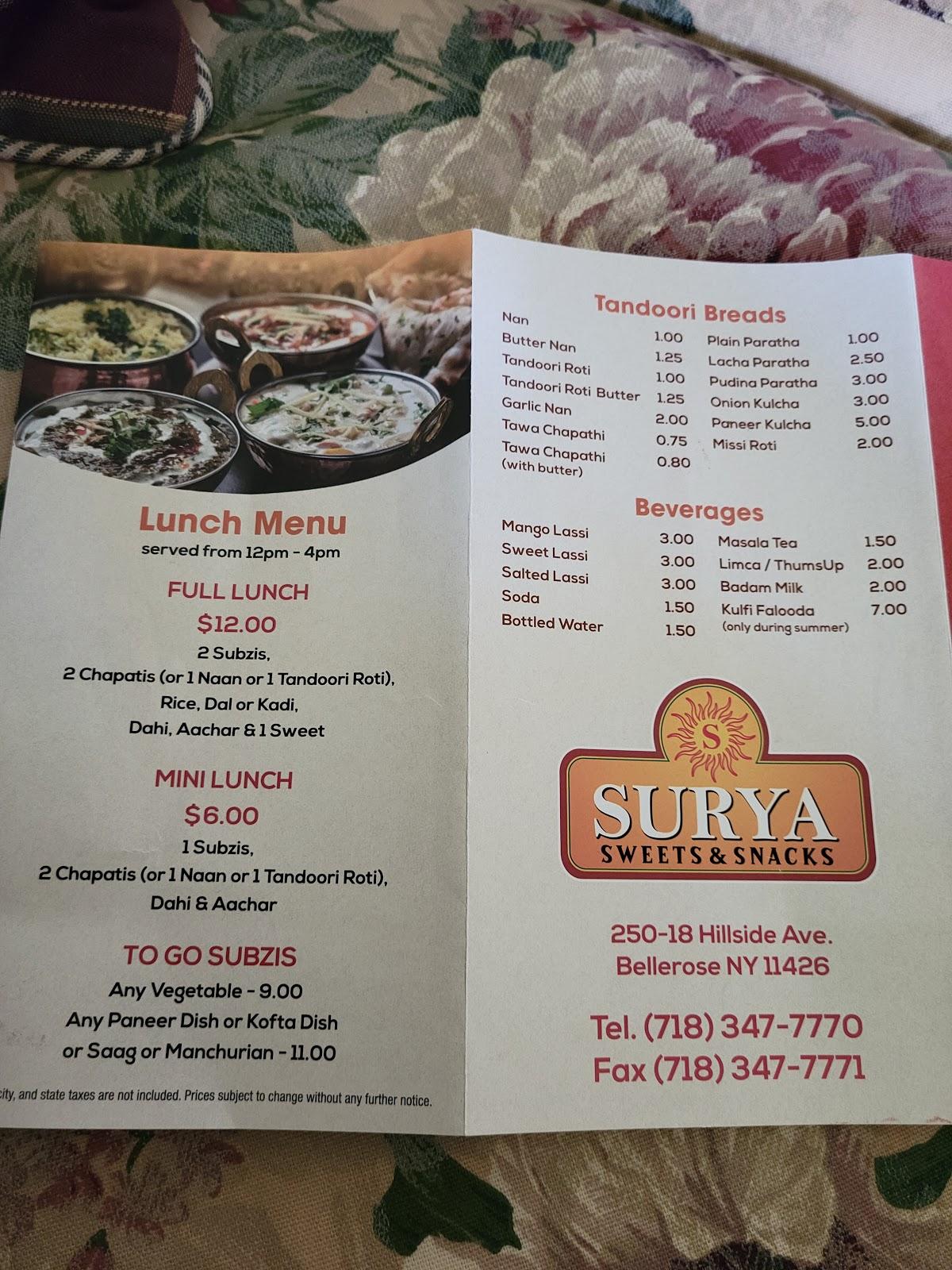 Menu at Surya restaurant, New York City, Hillside Ave.