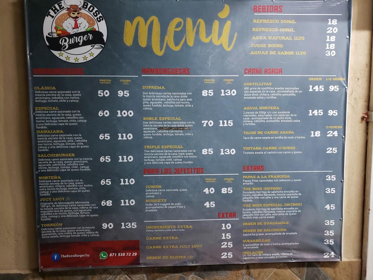 Menu at The Boss Burger restaurant, Torreón