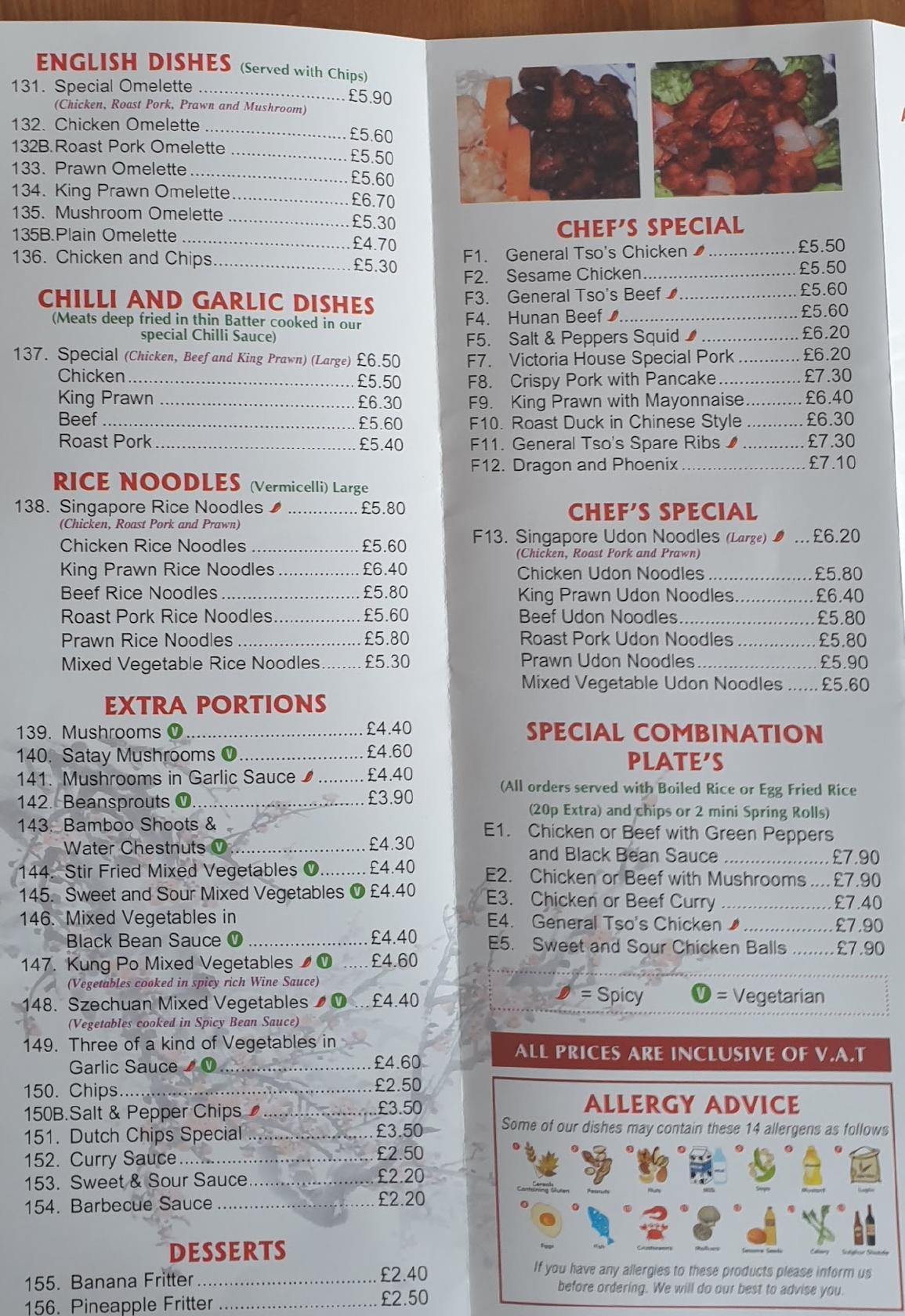 Menu at Victoria House restaurant, Tisbury